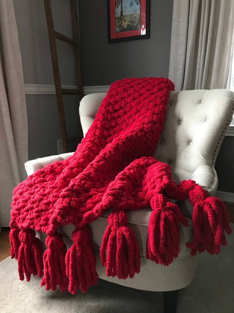 Red Tassel Blanket Chunky Knit Blanket. Decorative Knit - Etsy