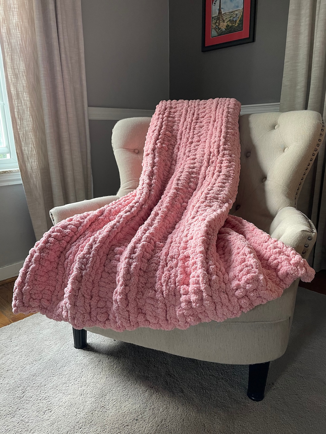 Light Pink Blanket - Chunky Knit Blanket - Pink Throw - Chenille ...