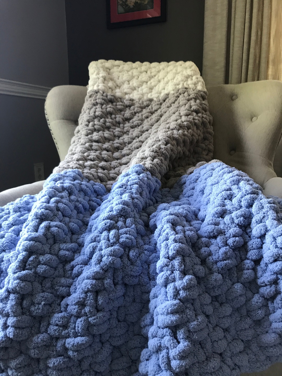 Chunky Knit Blanket - Blue Striped Throw - Light Blue Gray and Ivory ...