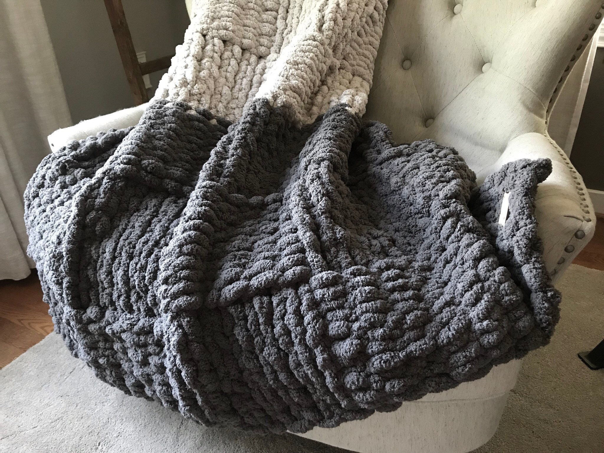 Chunky Knit Blanket Gray Striped Throw Soft Chenille Throw | Etsy