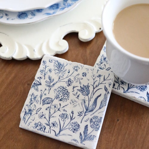 Blue and White Botanical Marble Coasters/ Botanical Coasters/ | Etsy