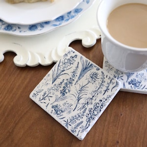 Blue and White Botanical Stems Marble Coasters/ Botanical Coasters ...