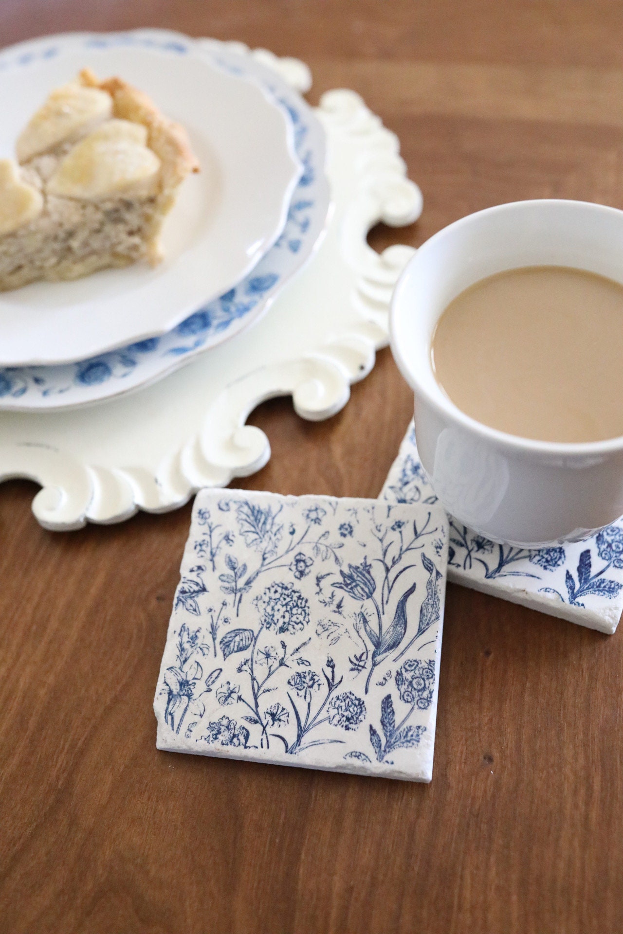 Blue and White Botanical Marble Coasters/ Botanical Coasters/ Botanical ...