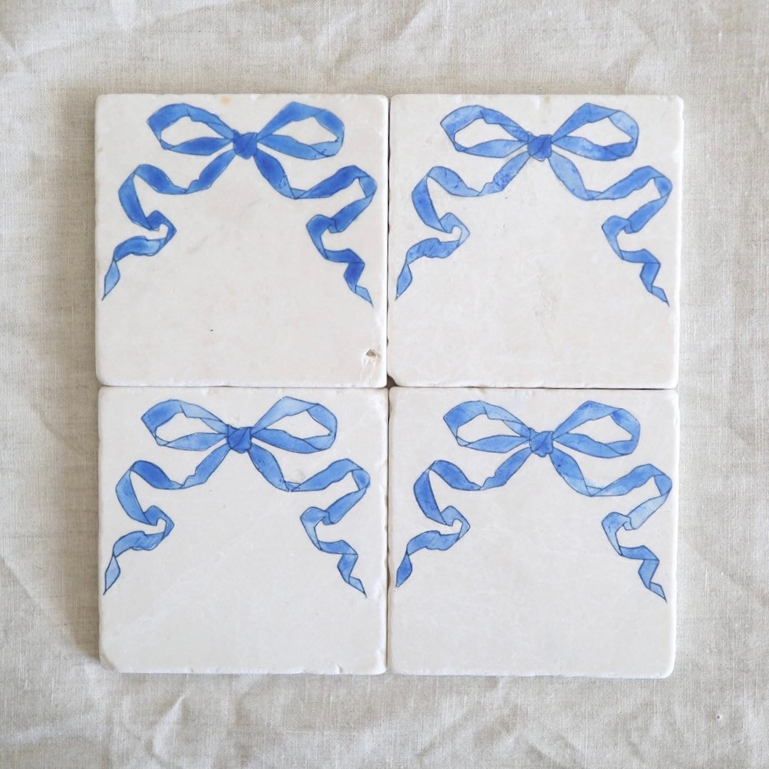 Blue Bow Marble Coasters, Gift for Grand Millennial, Coastal ...