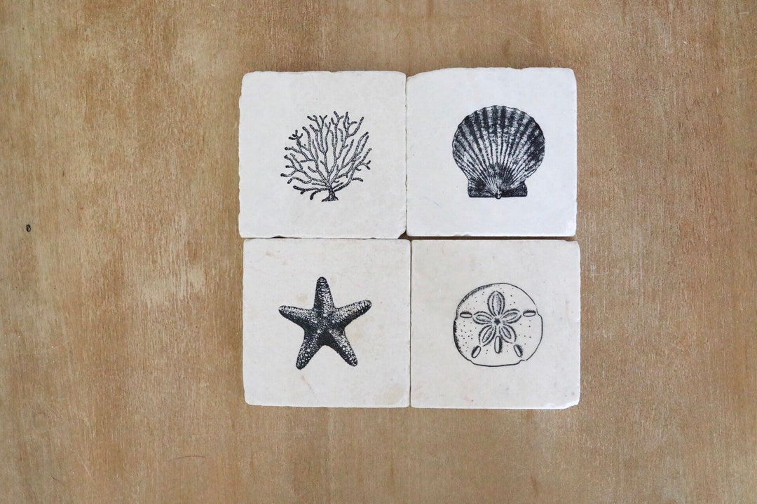 Beach Coastal Nautical Marble Coaster Set- Natural Beach Coasters ...