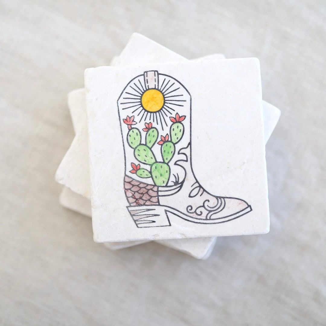 4 Cowboy Boot Prickly Pear Marble Coasters/ Coastal Cowgirl Decor ...