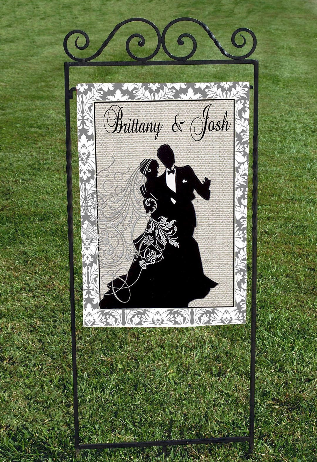 Personalized Wedding Garden Flag, Faux Burlap Background, Black ...