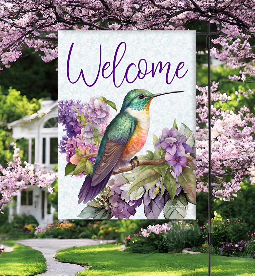 Garden Flag, Welcome, Hummingbird With Purple Flowers, Lt. Blue ...