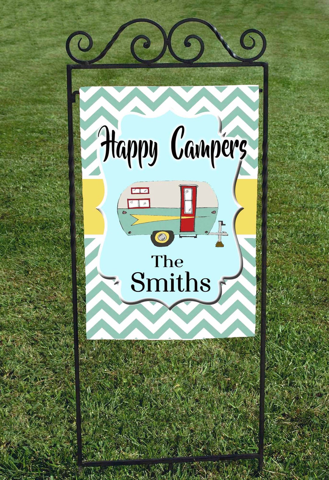 Happy Campers Flag, Personalized, Teal Chevron, Yellow Banner, Display ...