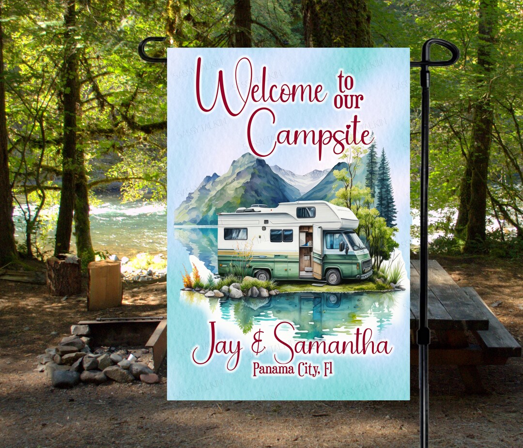 Camping Flag, Welcome to Our Campsite, Camper in the Mountains ...