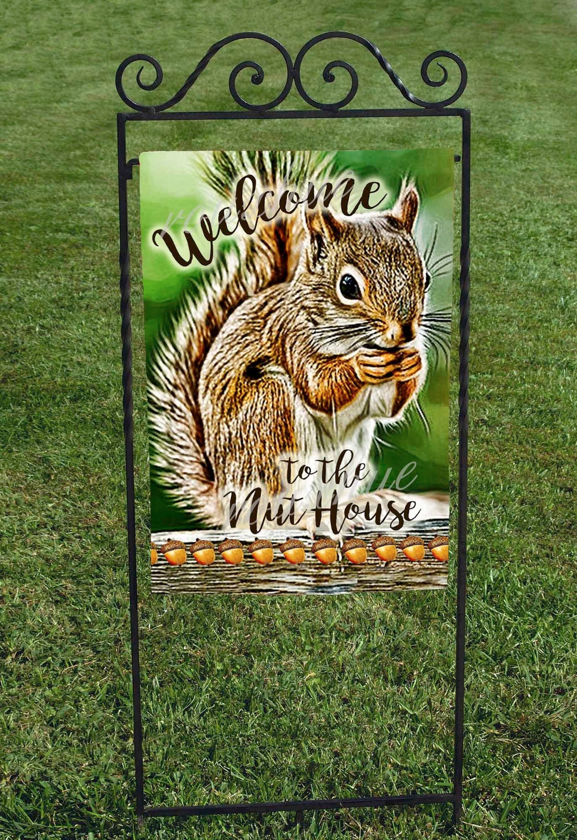 Garden Flag, Brown Squirrel, "welcome to the Nut House", Acorns ...