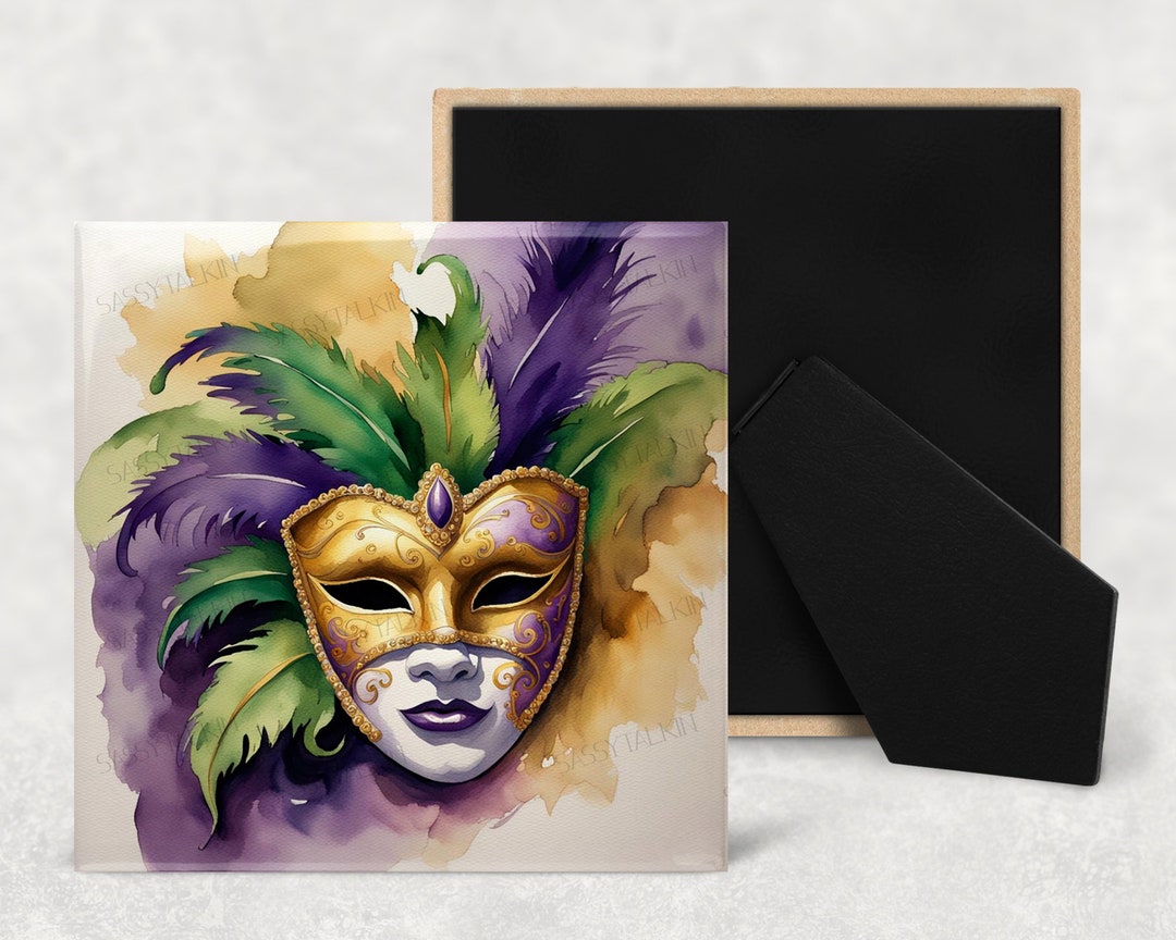 Mardi Gras Mask, Art Tile, Ceramic Tile, 4"x4", 6"x6", Watercolor ...