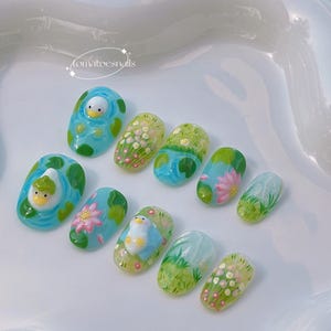 Water Garden Ducklings Press On Cute 3d Painted Nails Cute Colorful Duckling Nails Lotus