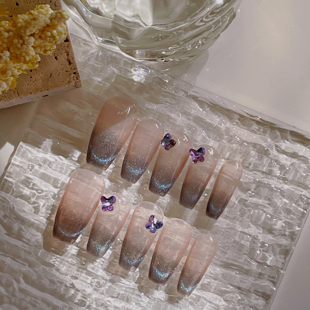 Whimsical Night Press on Nails , Glowy Blue Butterfly Nails , Reflex ...