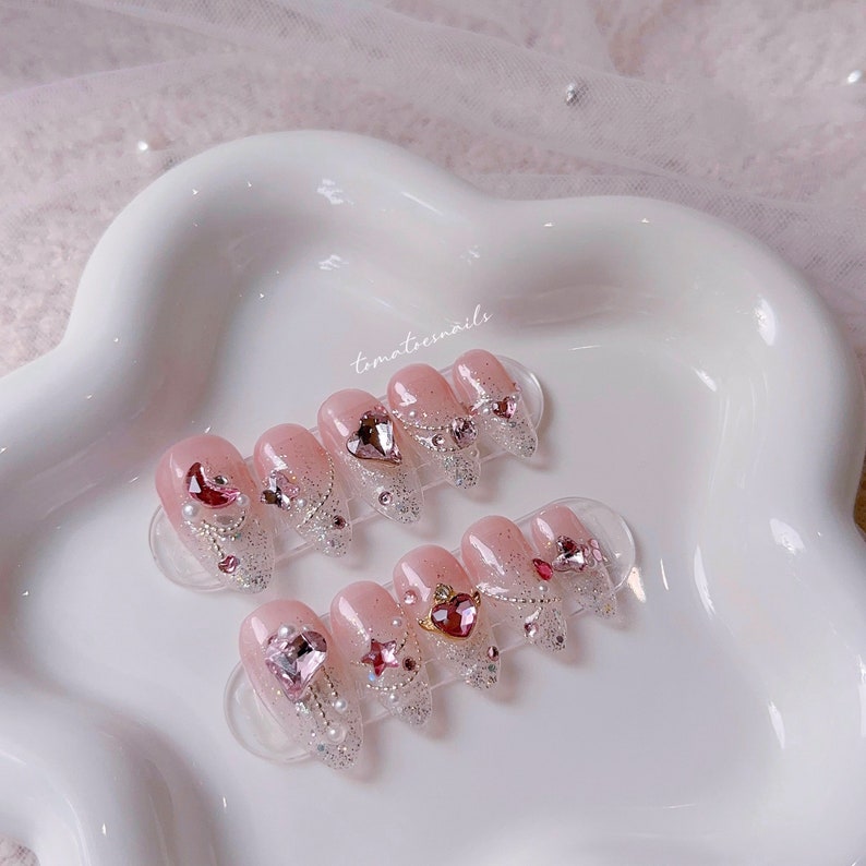 Pink Moonlit Crystal, Magical Nails, Crystal Moon & Star Nails, Pink ...