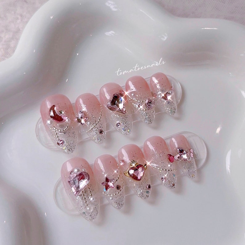 Pink Moonlit Crystal, Magical Nails, Crystal Moon & Star Nails, Pink ...