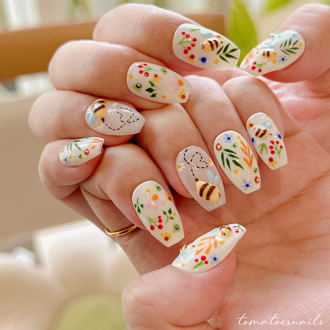 Bee Happy Nails, Cute Bee and Flower Nails, Hand Painted Leaves Nails ...
