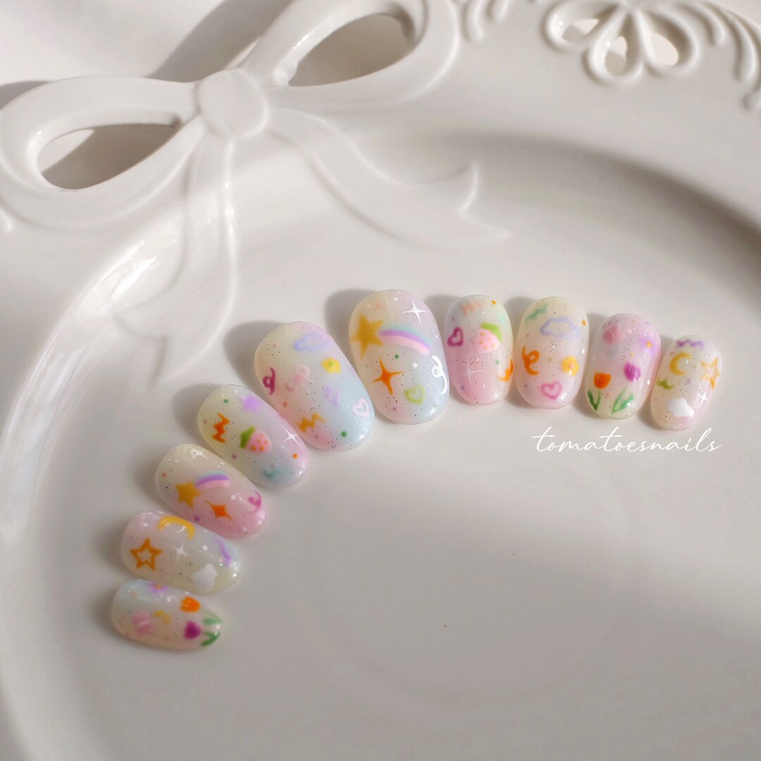 Stella Pastel Press on Nails , Hand Painted Nails , Cute Glitter Pastel ...