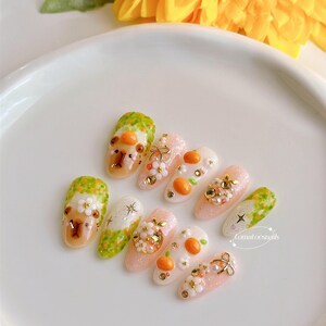 Capyorange Press On, Cute 3D Painted Nails, Cute Capybara Nails, Orange ...