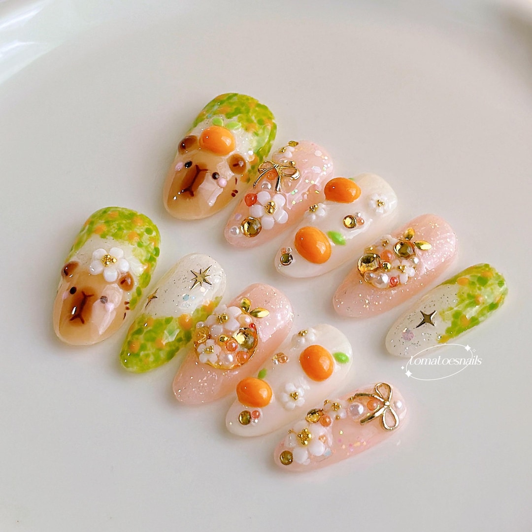 Capyorange Press On, Cute 3D Painted Nails, Cute Capybara Nails, Orange ...