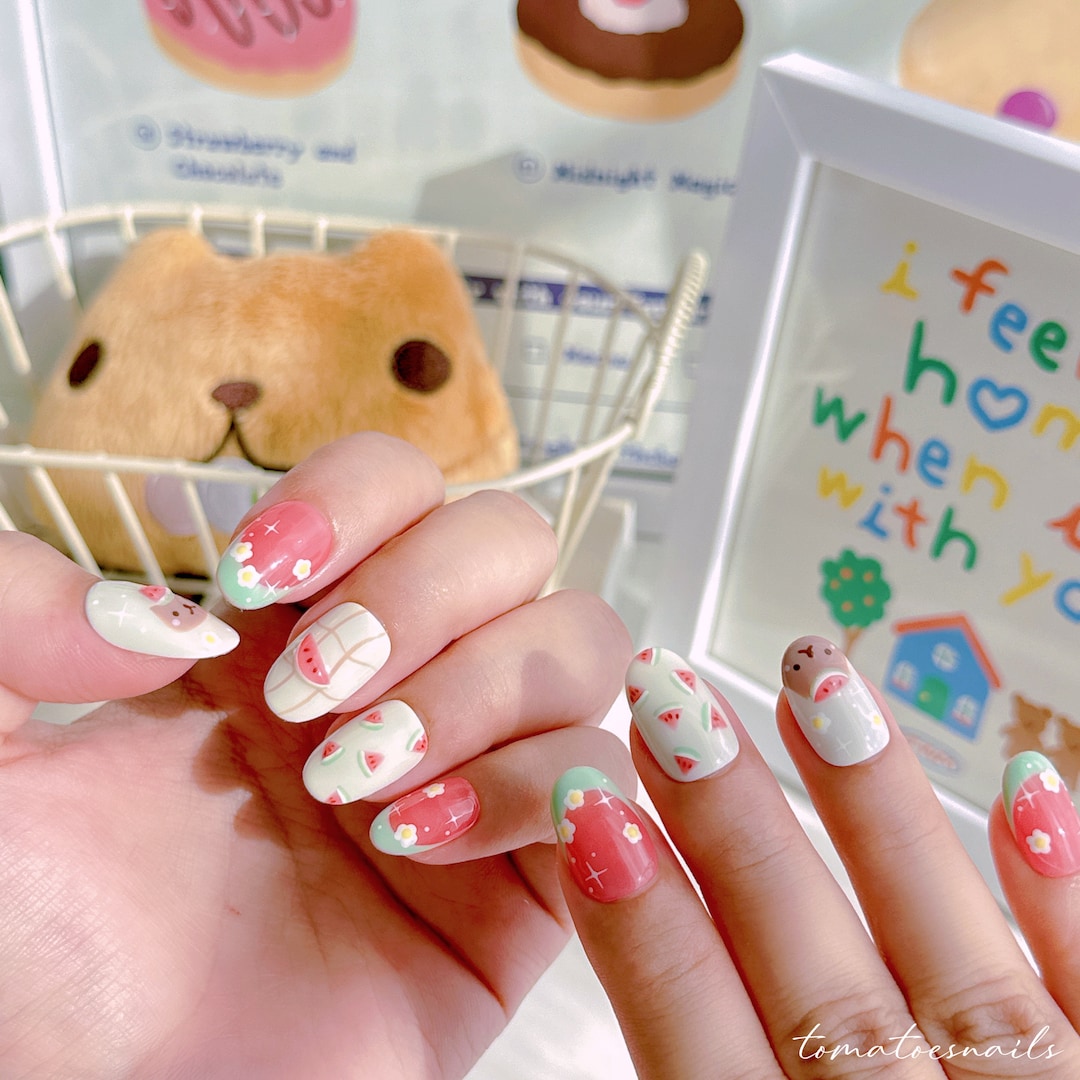 Capymelon, Cute Capybara Nails, Water Melon Nails, Cute Capybara, Cute ...