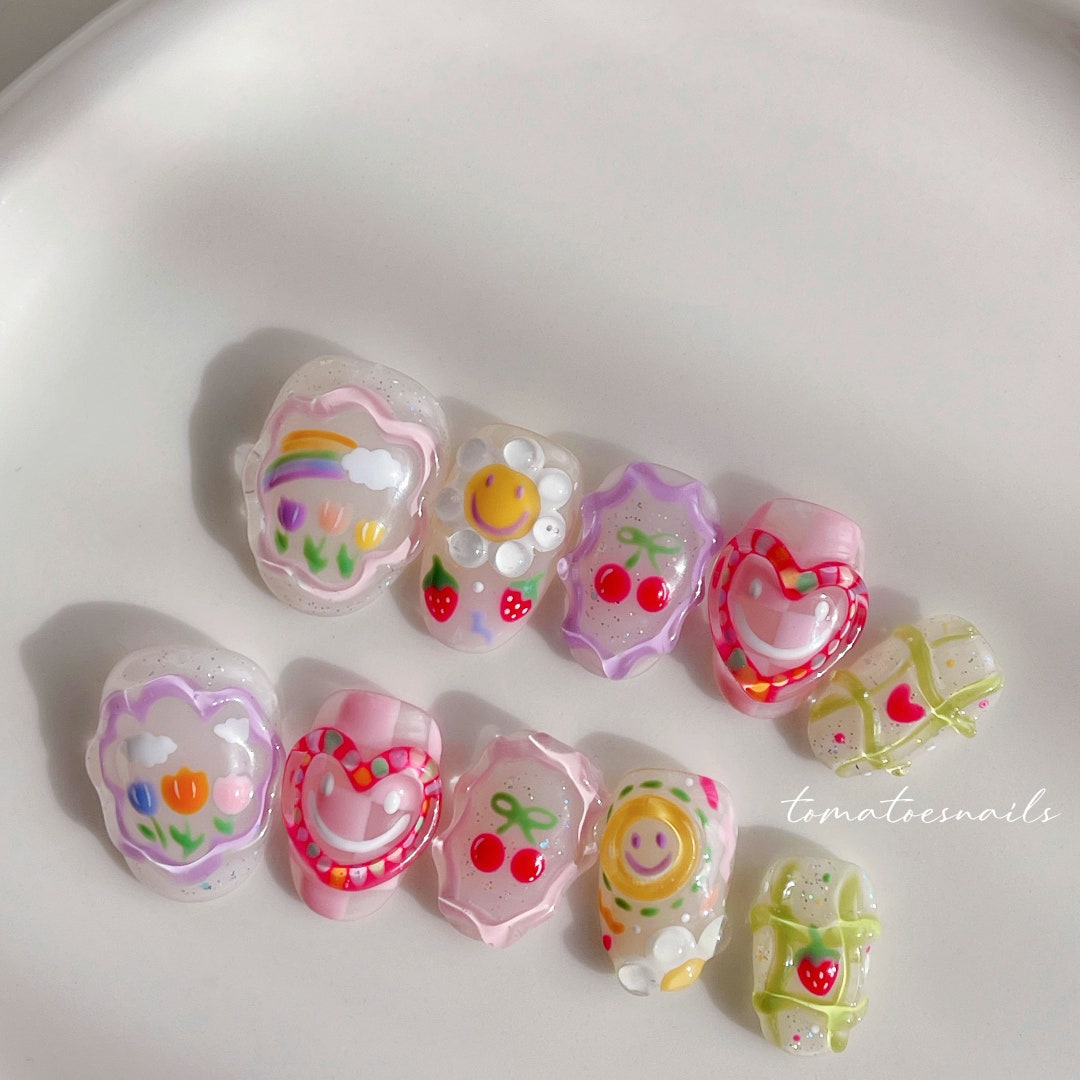 Happy Picnic Day Press on , Cute 3D Jelly Line, Hand Painted Nails ...