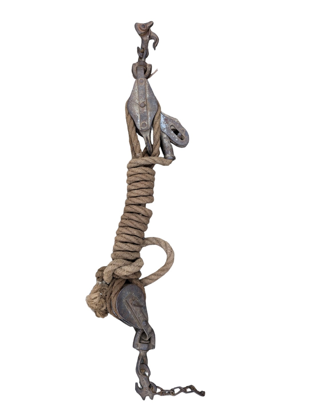 Antique Block and Tackle Pulley Set With Hemp Jute Rope Man Cave Wall ...