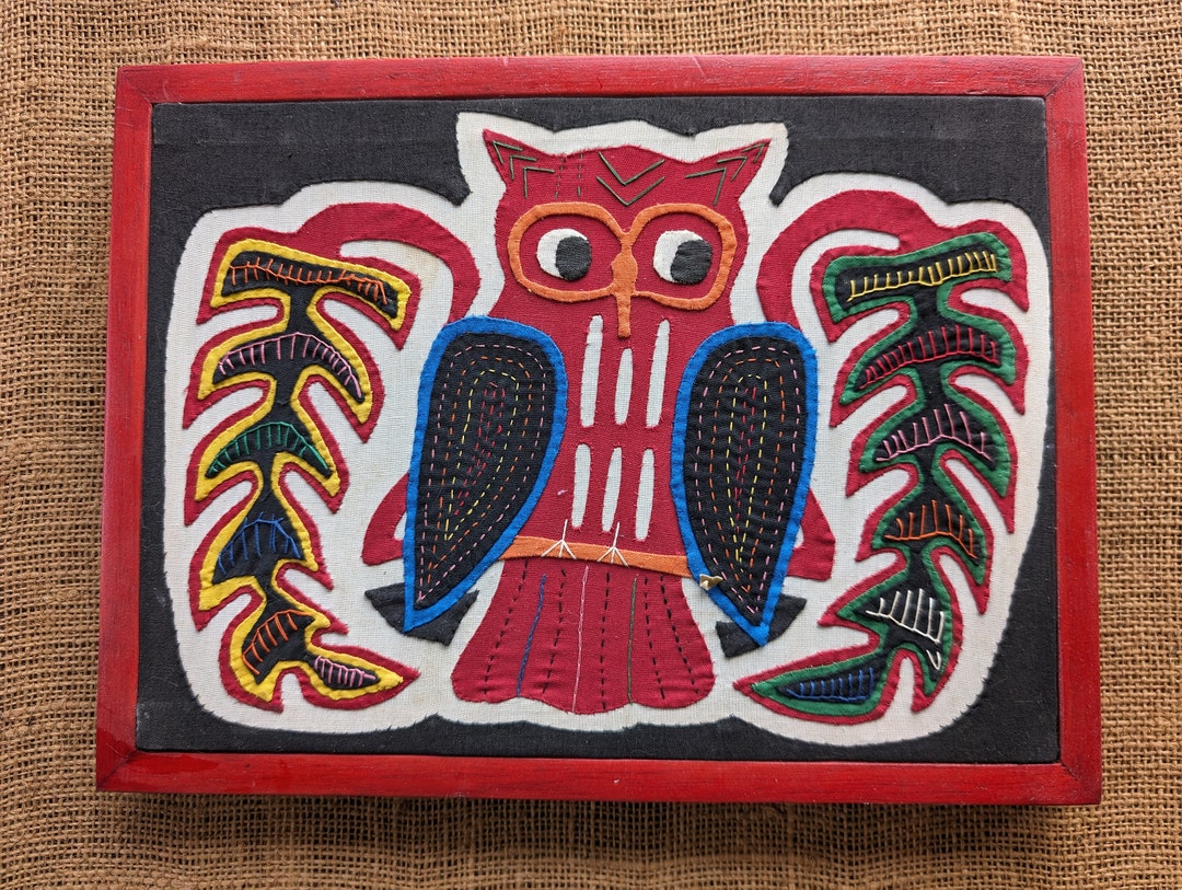 Vintage MCM Kuna Mola Owl Double Framed Handmade Panama Wall Art With ...
