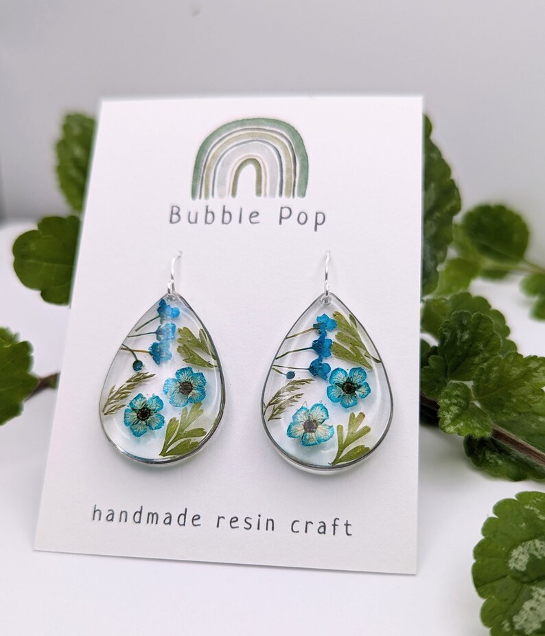 Pressed Flower Earrings, Resin Flower, Dry Flower Earrings, Blue Flower ...
