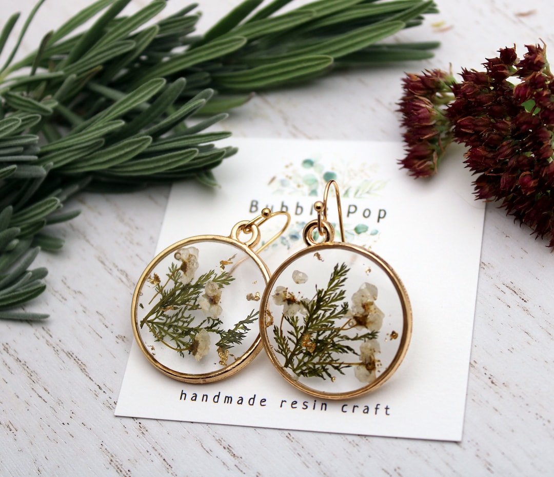 Pressed Flower Earrings, Resin Flower, Dry Flower Earrings, White ...