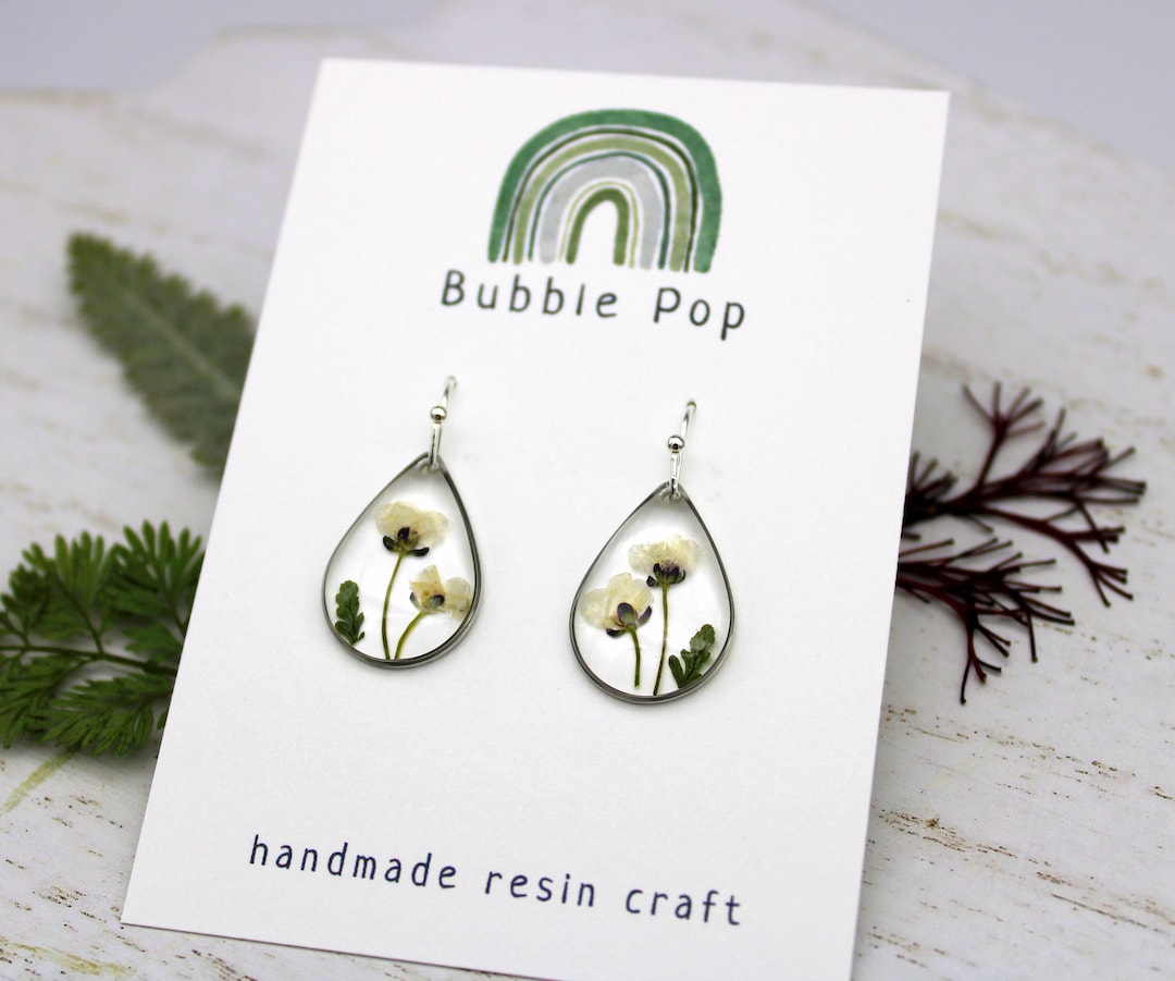 Pressed Flower Earrings, Resin Flower, Dry Flower Earrings, White ...