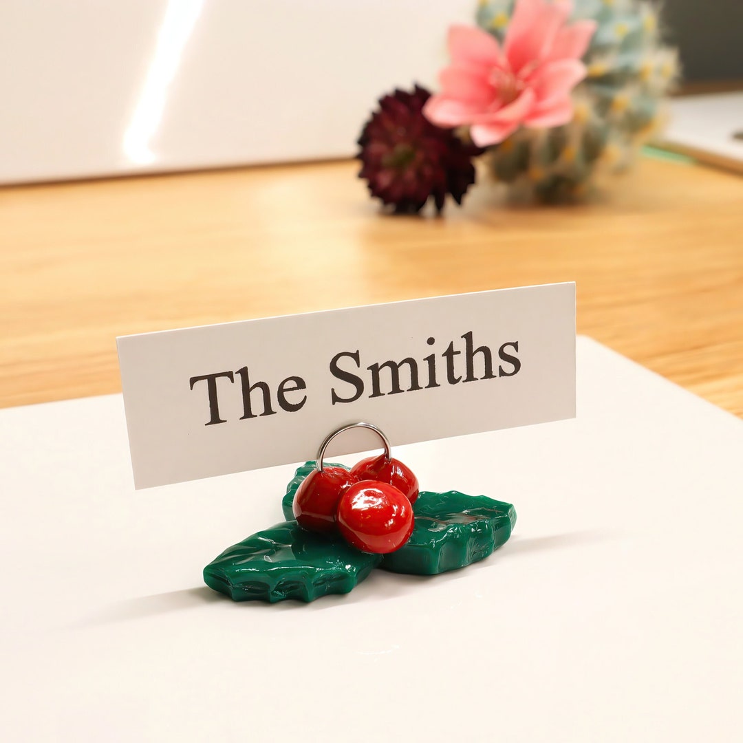 Holly Leaves Red Berries Clay Place Card Holder, Christmas Party Table ...