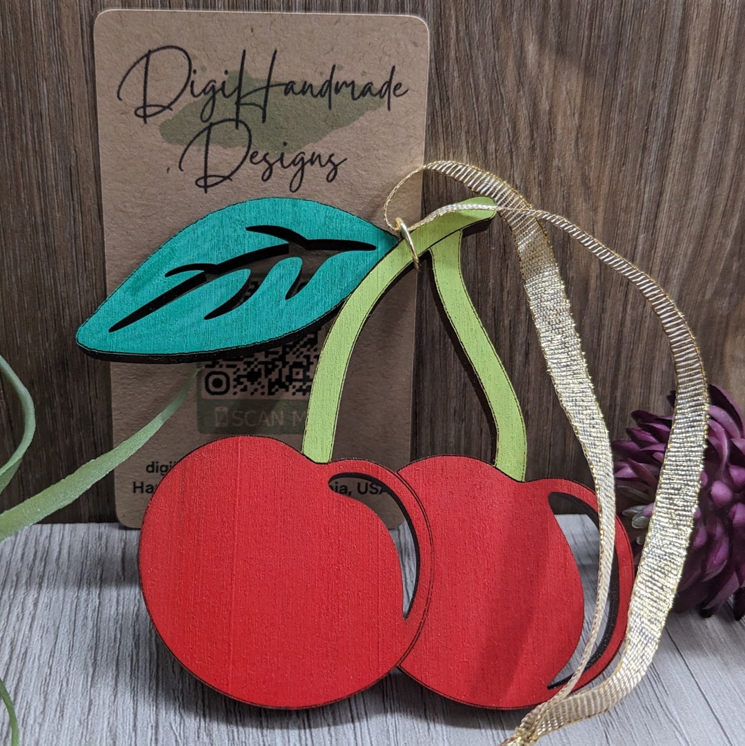 Cherry Christmas Ornament, Hand Painted Wood Cherries With Gold Ribbon ...