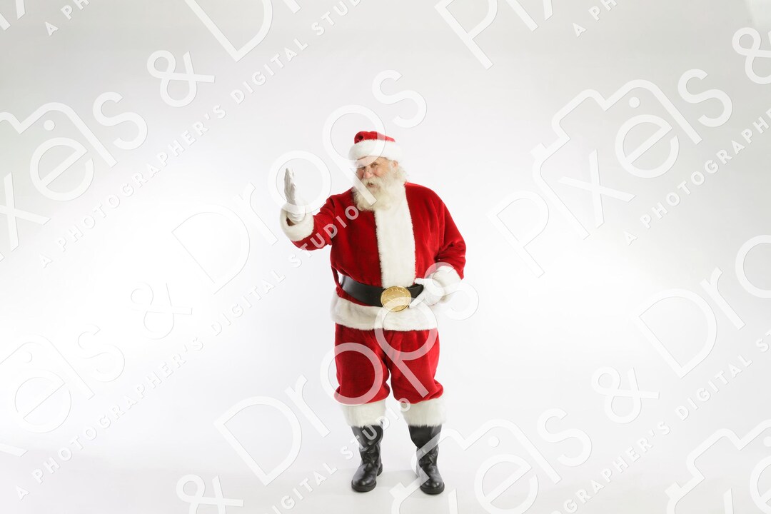 Santa in Traditional Red Suit Extending Left Arm on White Backdrop ...