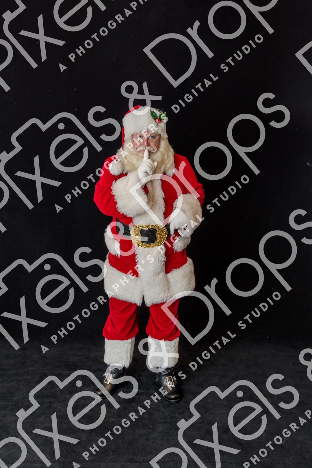 Santa in Traditional Red Suit Shh Whisper Pose on Black Backdrop, Santa ...