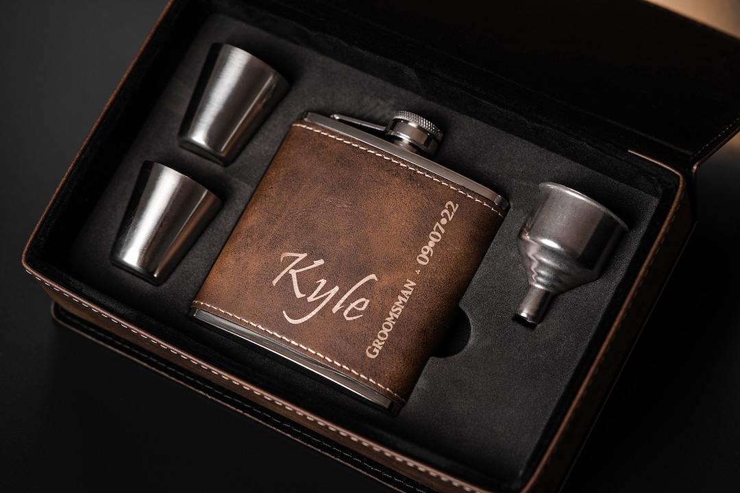 Personalized Flask Gift Set: Engraved Groomsmen Hip Flask With Leather ...