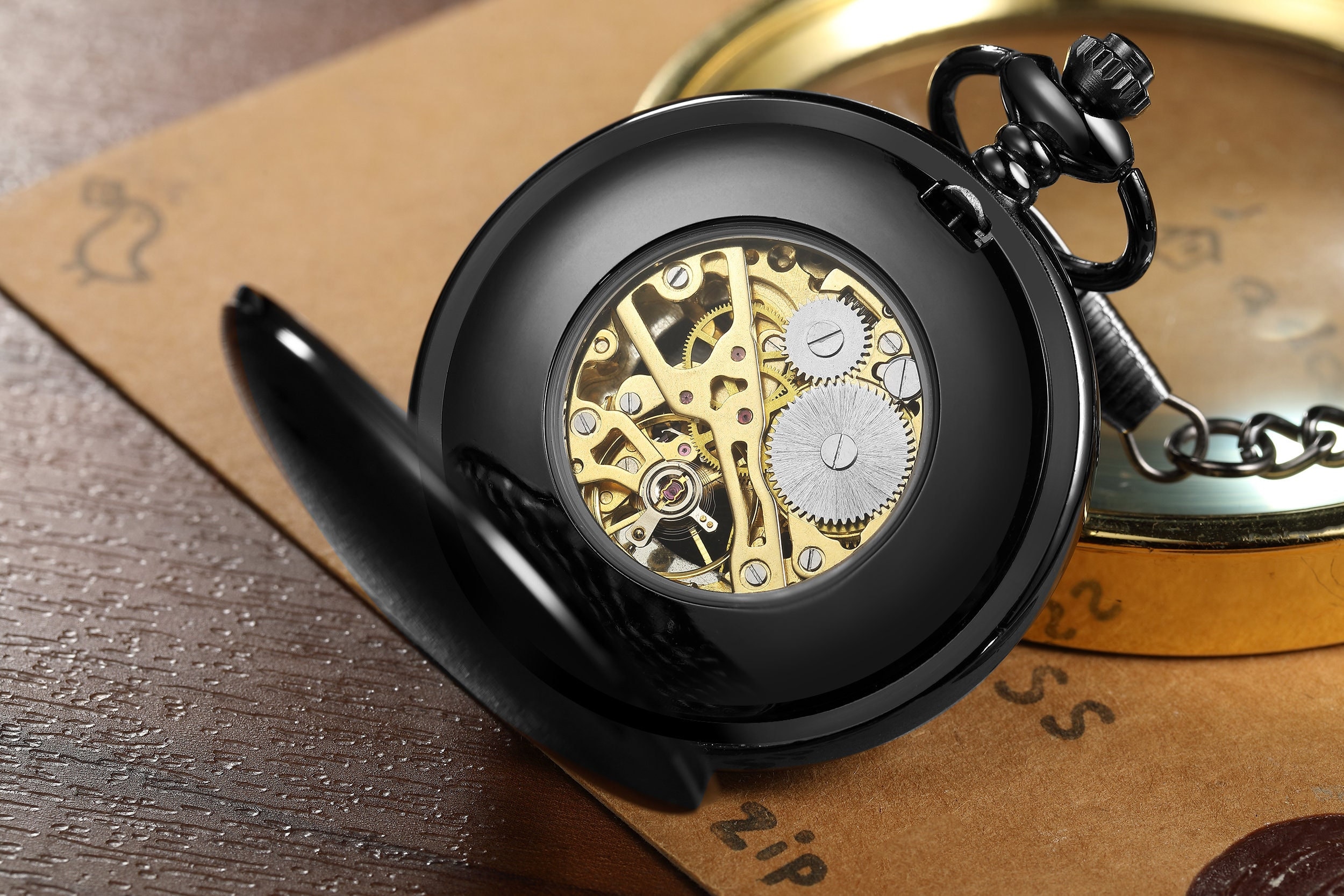 Personalized Black Pocket Watch: Stainless Steel Mechanical Double ...