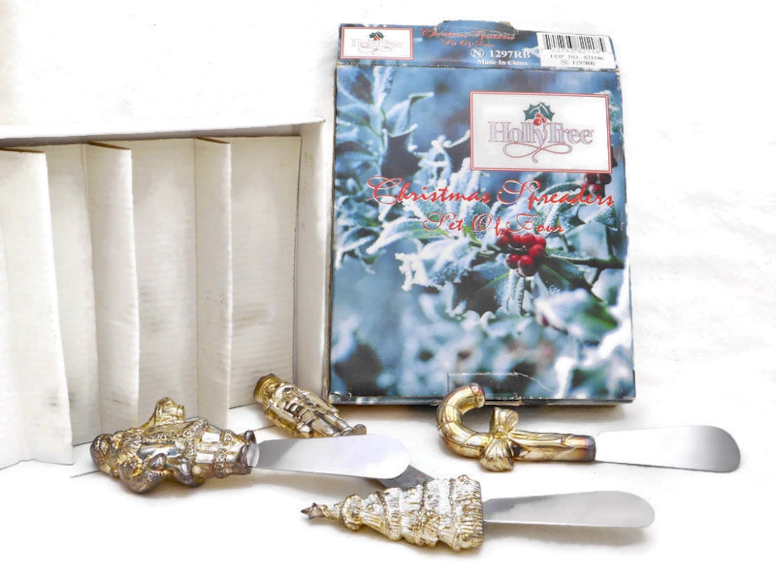 Vintage Christmas Spreaders Stainless Steel Blades Set of 4 Holly Tree ...