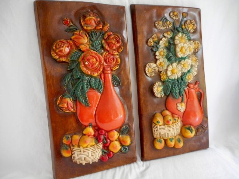 Vintage 1970's Ceramic Wall Hanging SET of 2, Flowers Fruit Coffee /tea ...