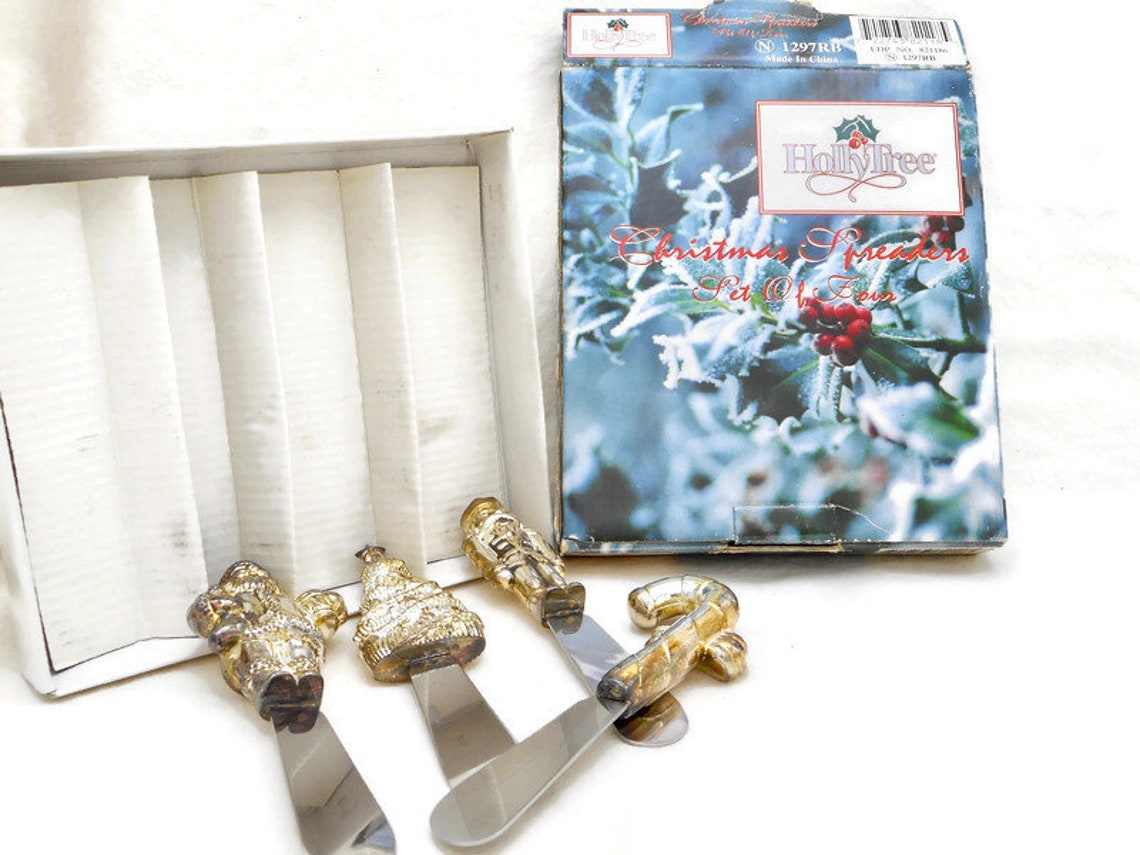 Vintage Christmas Spreaders Stainless Steel Blades Set of 4 Holly Tree ...