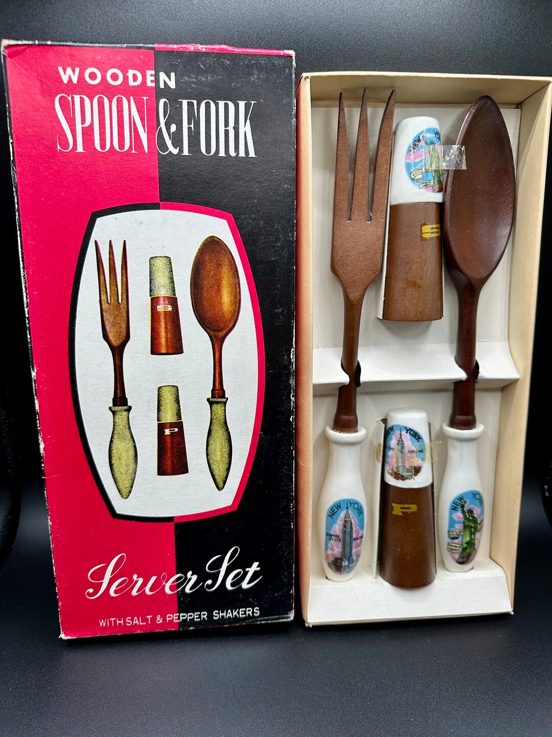 Vintage NYC Hostess Server Set: Wooden Spoon & Fork With Ceramic ...