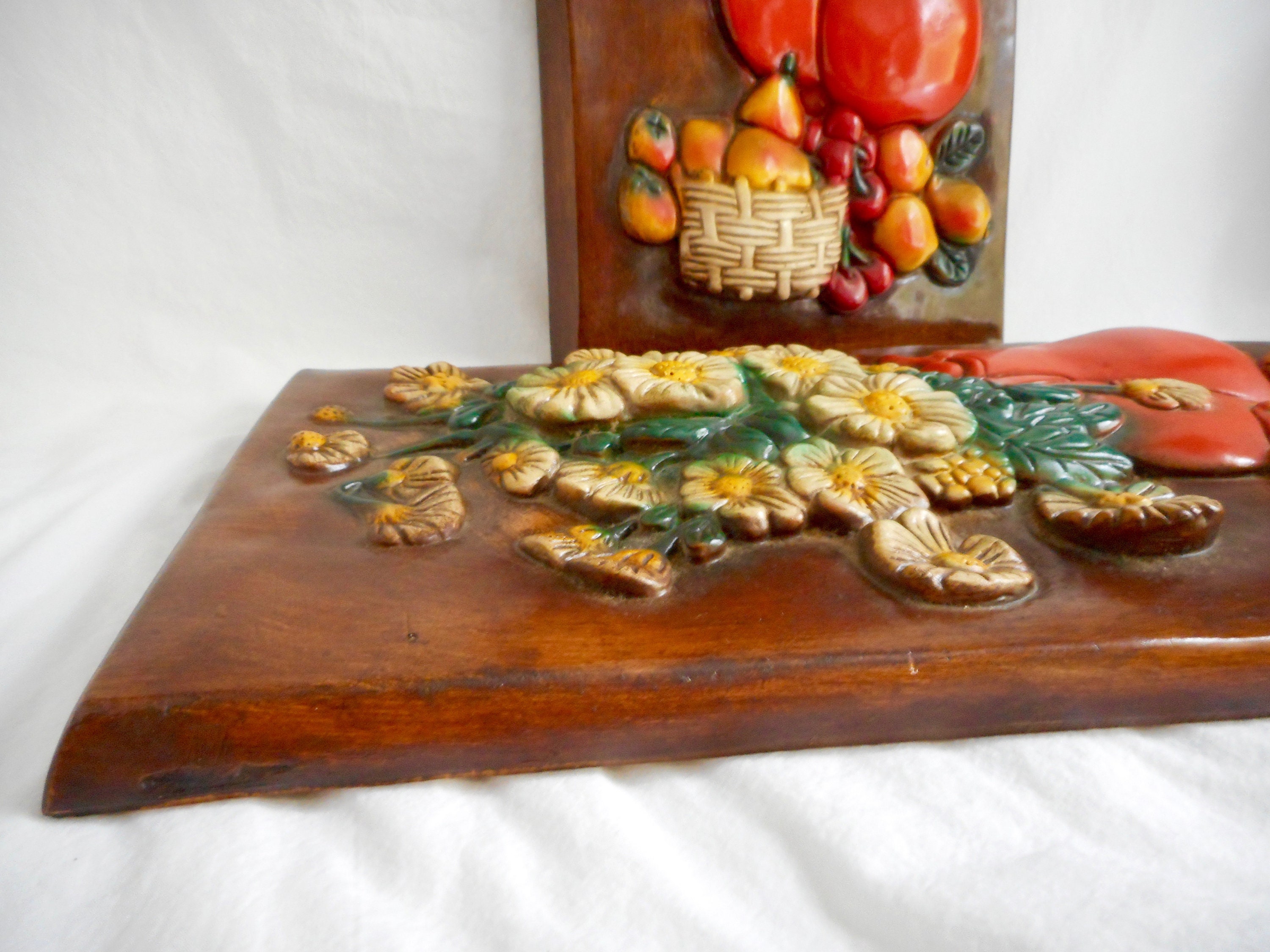 Vintage 1970's Ceramic Wall Hanging SET of 2, Flowers Fruit Coffee /tea ...