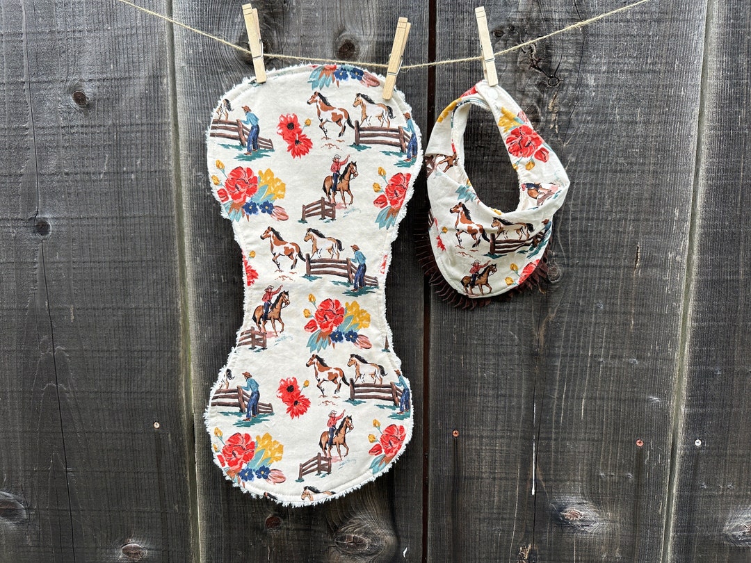 Floral Cowgirl With Horses Western Buckaroo Baby Bib & Burp Cloth Set ...