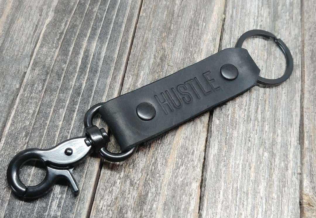 HUSTLE Engraved Custom Leather Keychain Fob Instagram Slogan - Etsy