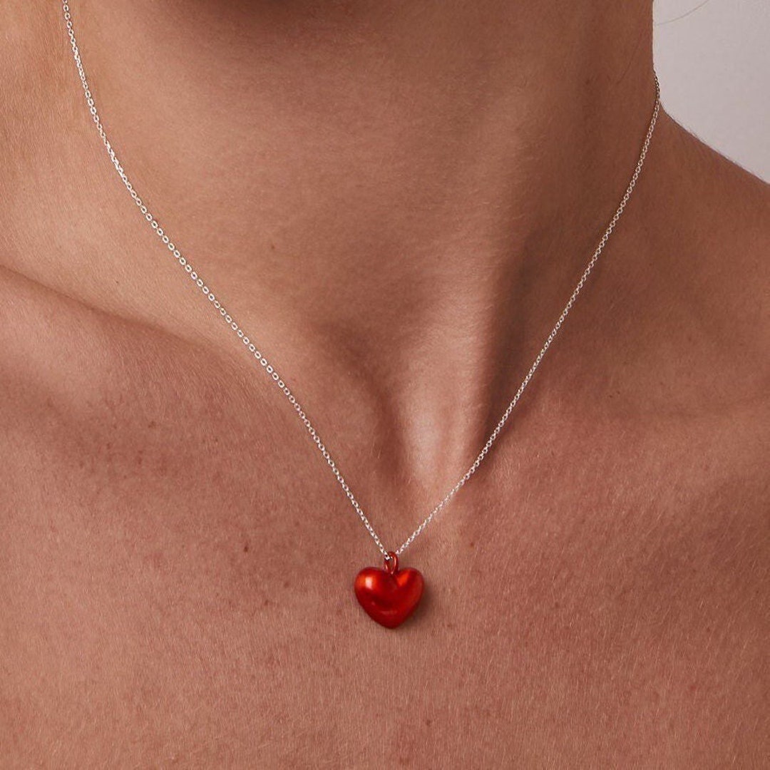 Red Heart Necklace, Sterling Silver 925, Puffy Heart Necklace, Gift for ...