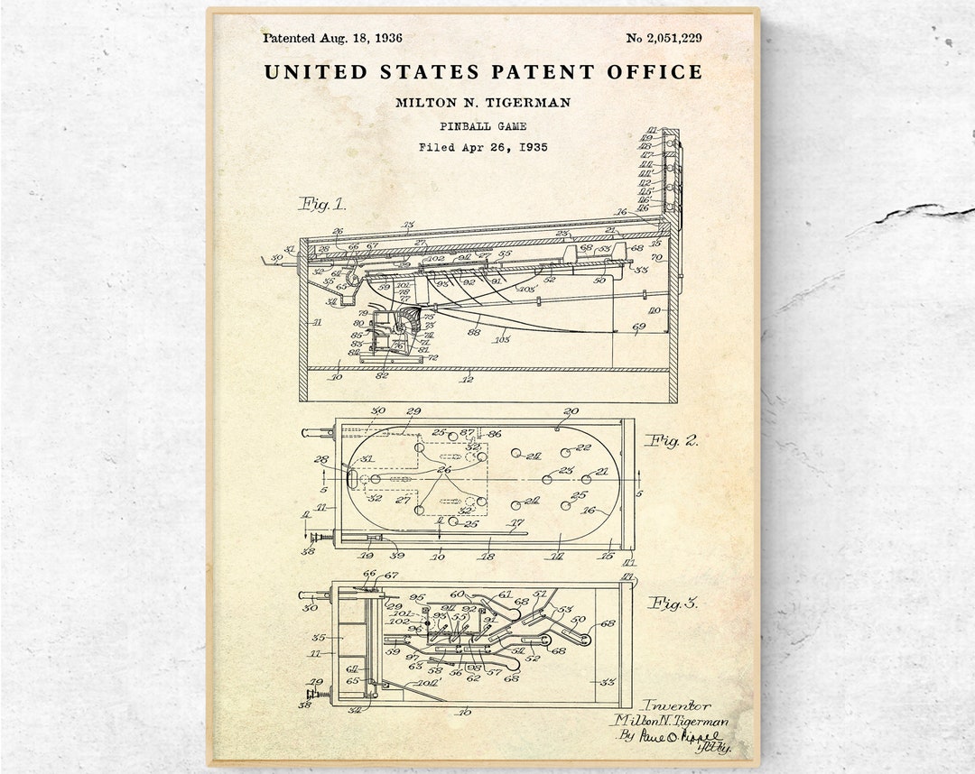 Pinball Machine 1936 Patent Print. Arcade Game Blueprint Poster. Retro ...