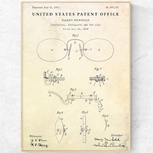 Eyeglasses 1911 Patent Print. Spectacles Blueprint Poster, Vision ...