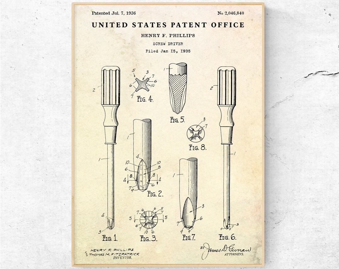 Phillips Screwdriver 1936 Patent Art Print. Carpenter, Woodworker Gift ...