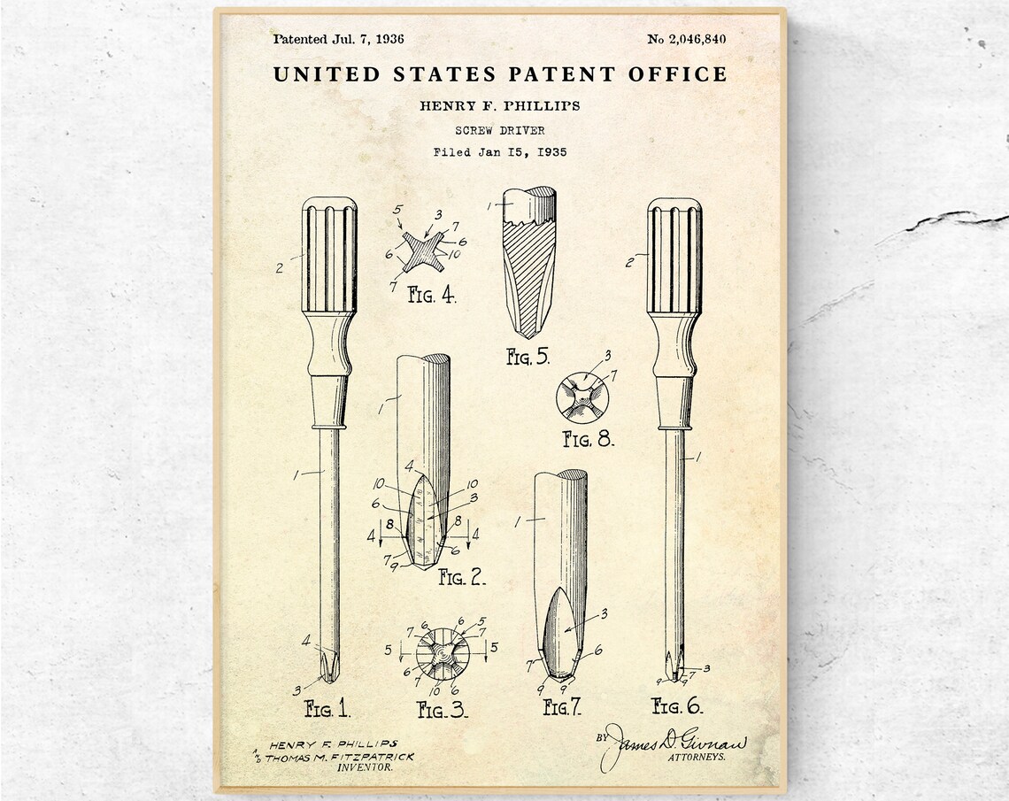 Phillips Screwdriver 1936 Patent Art Print. Carpenter, Woodworker Gift ...