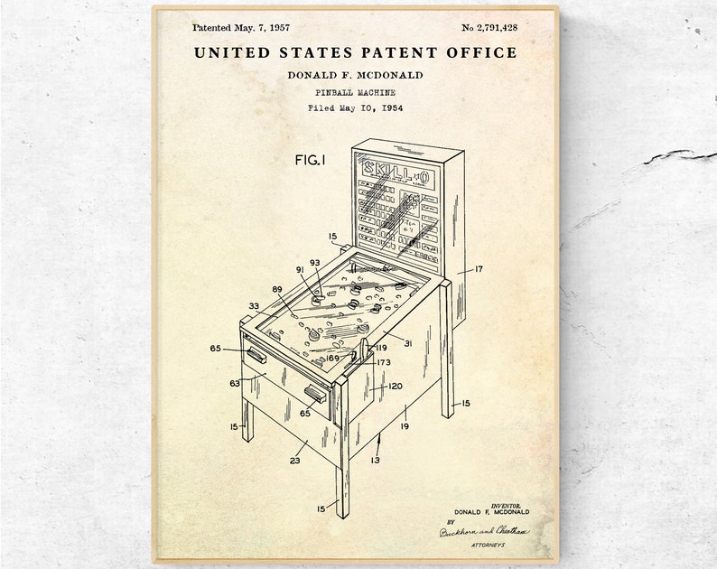 Pinball Machine 1957 Patent Print. Blueprint Poster. Gamer Gift. Retro ...